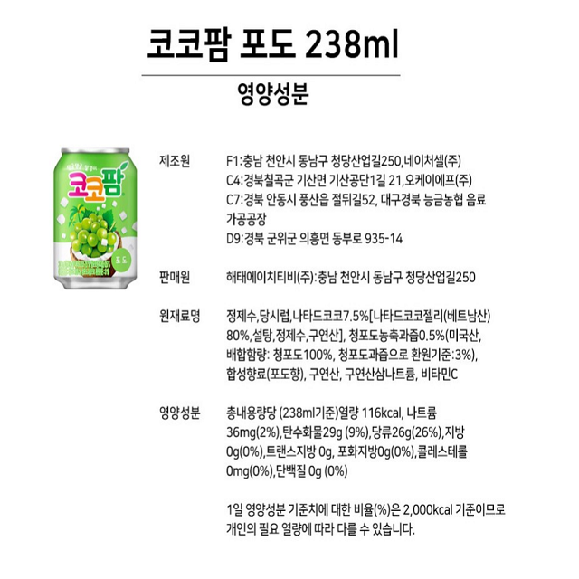 코코팜 포도 캔238ml 24입 - 최저가 사업자 식자재 | 식봄